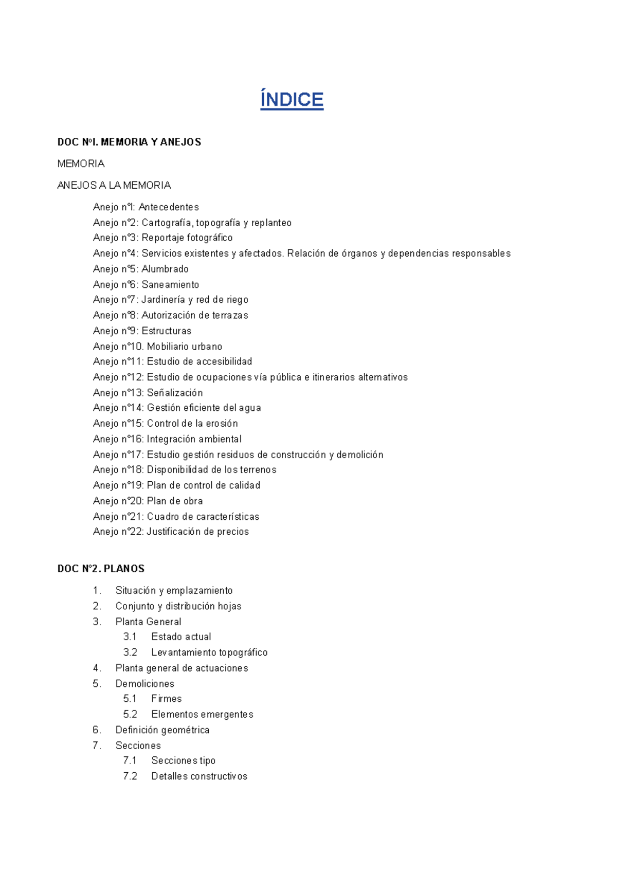 ÍNDICE DOC Nol. Propuesta Inicial de Memoria y Anejos - Studocu