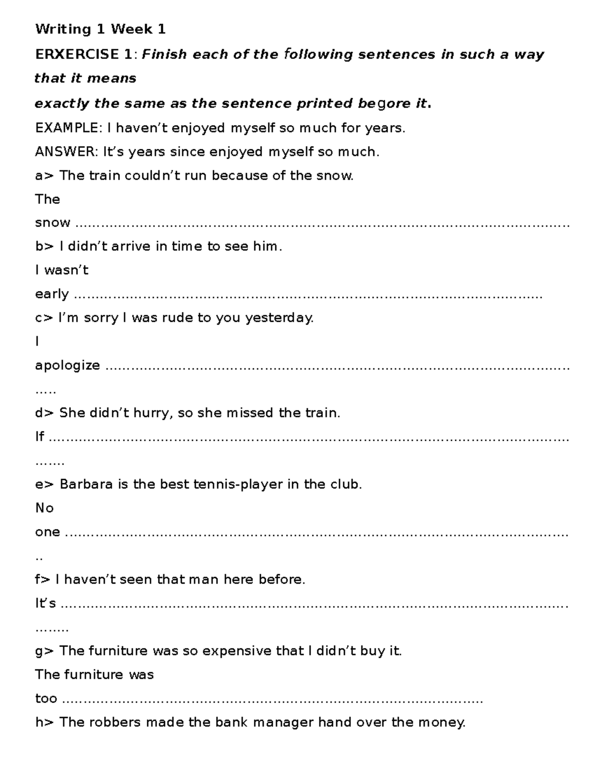 Sentence Writing 1 - Week 1 Exercises and Letter Practice - Studocu