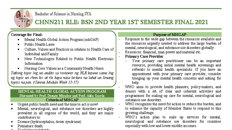 RLE: Community Health Nursing 1 BSN 2ND YEAR 1ST SEMESTER FINAL 2021 ...