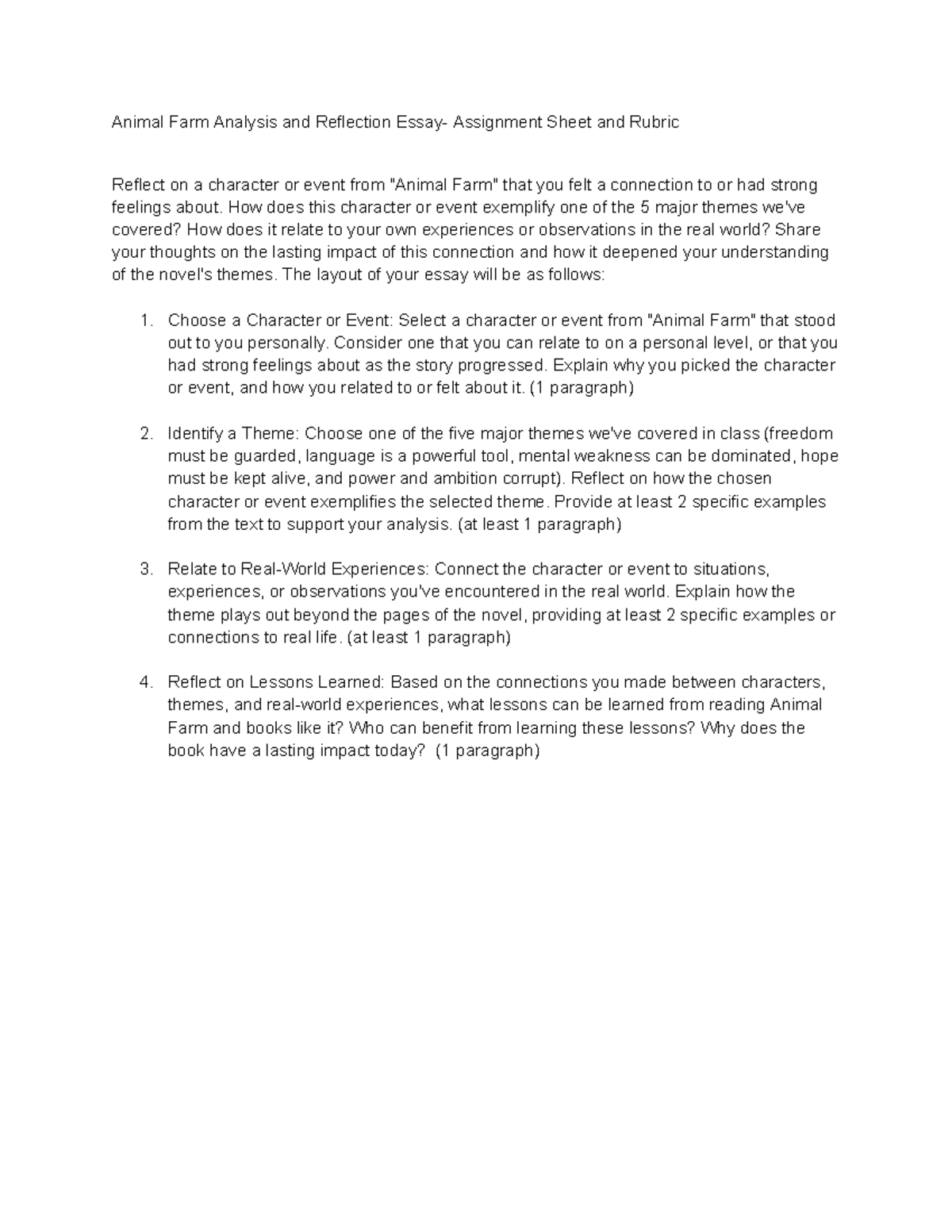 English 9 Animal Farm Analysis & Reflection Essay Rubric - Studocu