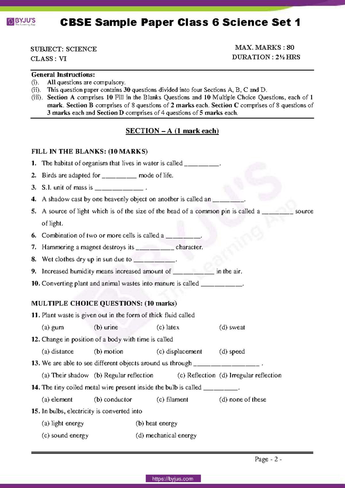 CBSE Class 6 Science Sample Paper Set 1 - Max Marks 80 - Studocu