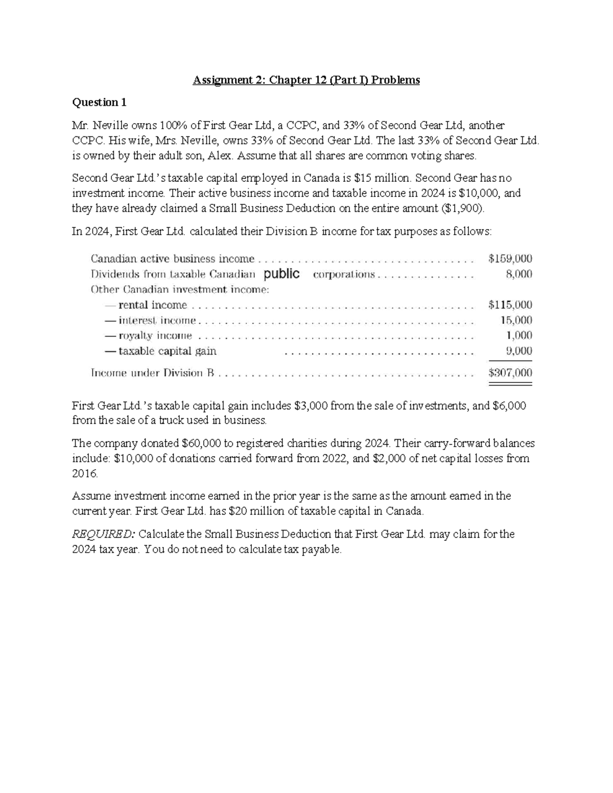 Assignment 2: Chapter 12 Problems on CCPC Tax Calculations - Studocu