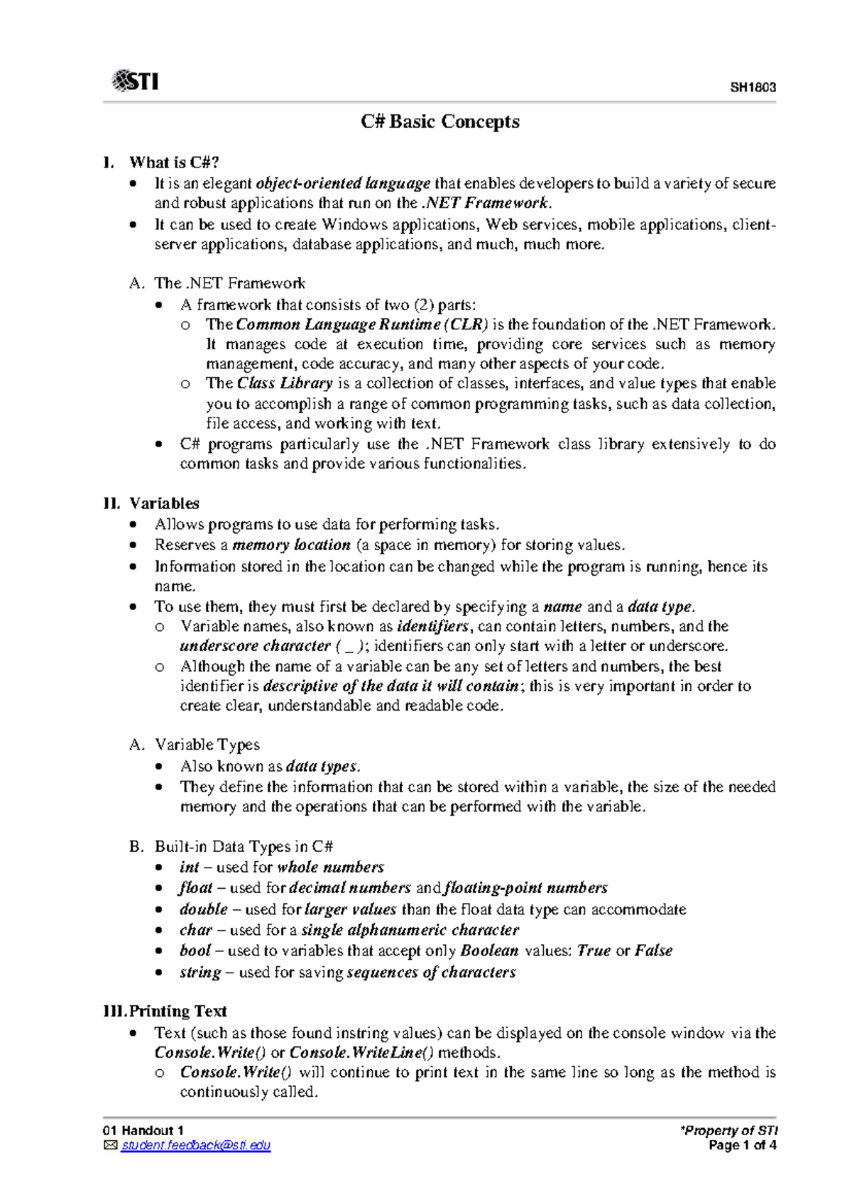 SH1803 Basic Concepts I: Understanding .NET Framework and Variables ...