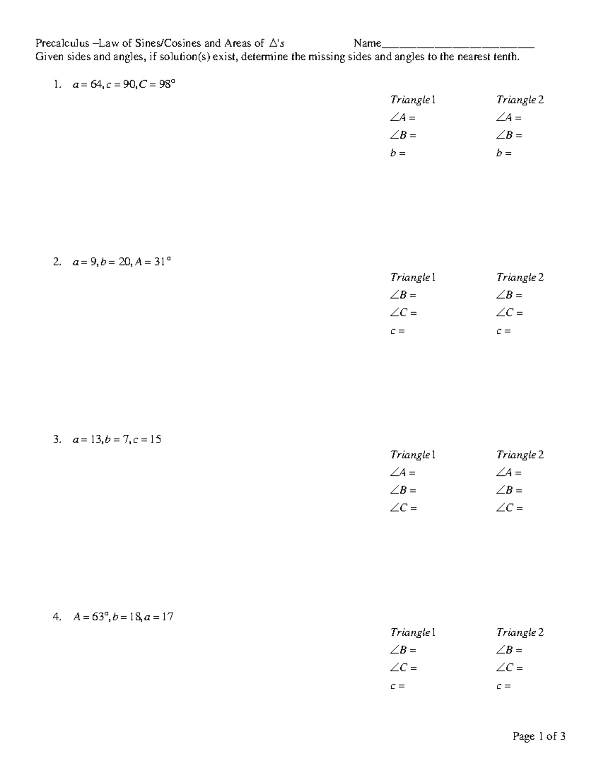 Law of Sines, Cosines and Area of Triangles Worksheet (Blank) - Page 1 ...