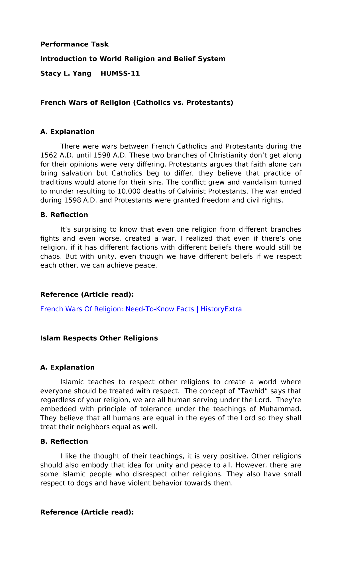 Performance Task Yang - Performance Task Introduction to World Religion ...