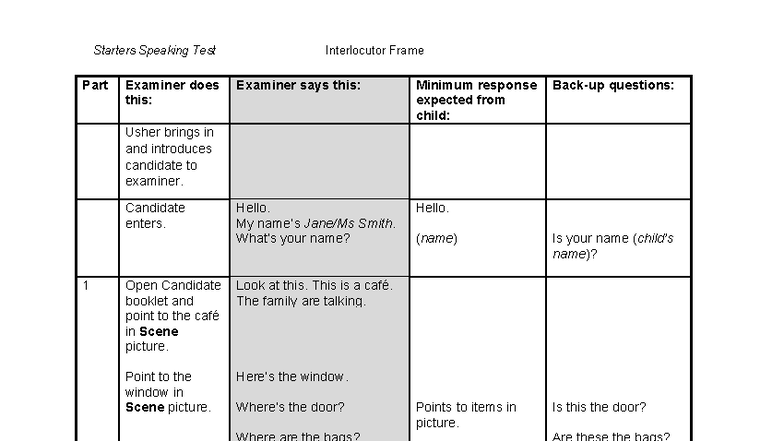 381788110 Starters Speaking Test Examiner Booklet Guide - Studocu