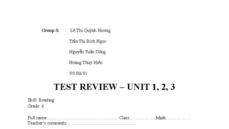 Grade 6 Reading Test Review: Units 1, 2, 3 (Group 3) - Studocu