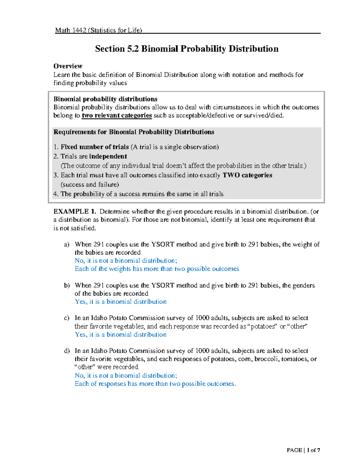Binomial Distributions: Overview, Mean & Examples (Math 1442) - Studocu