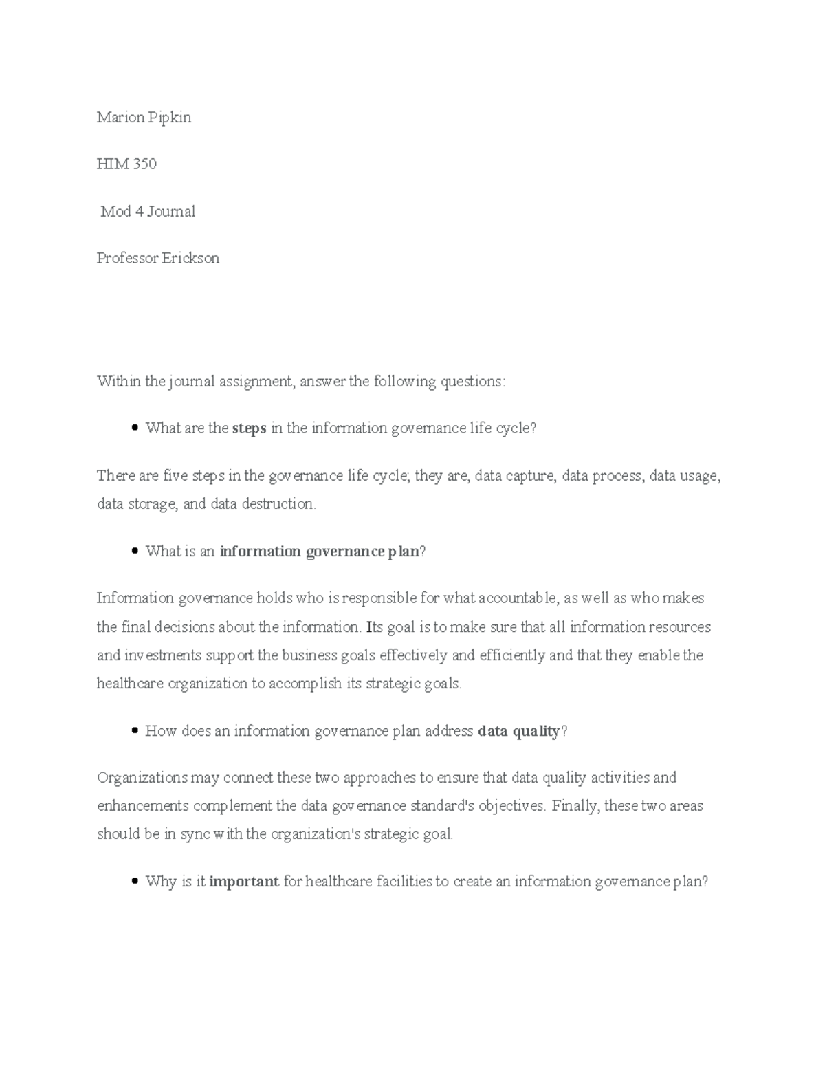 HIM 350: Module 4 Journal on Information Governance Concepts - Studocu