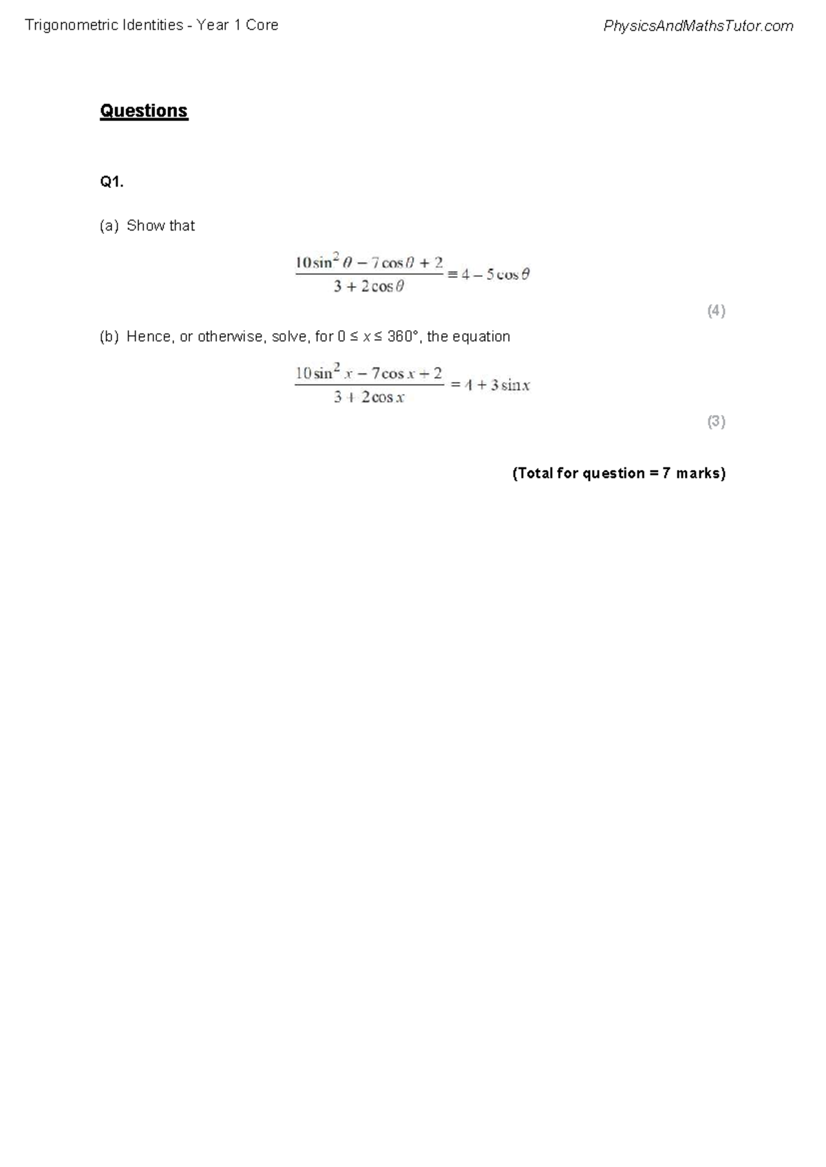 Trigonometric Identities Year 1 Core PhysicsAndMathsTutor.com Exam ...