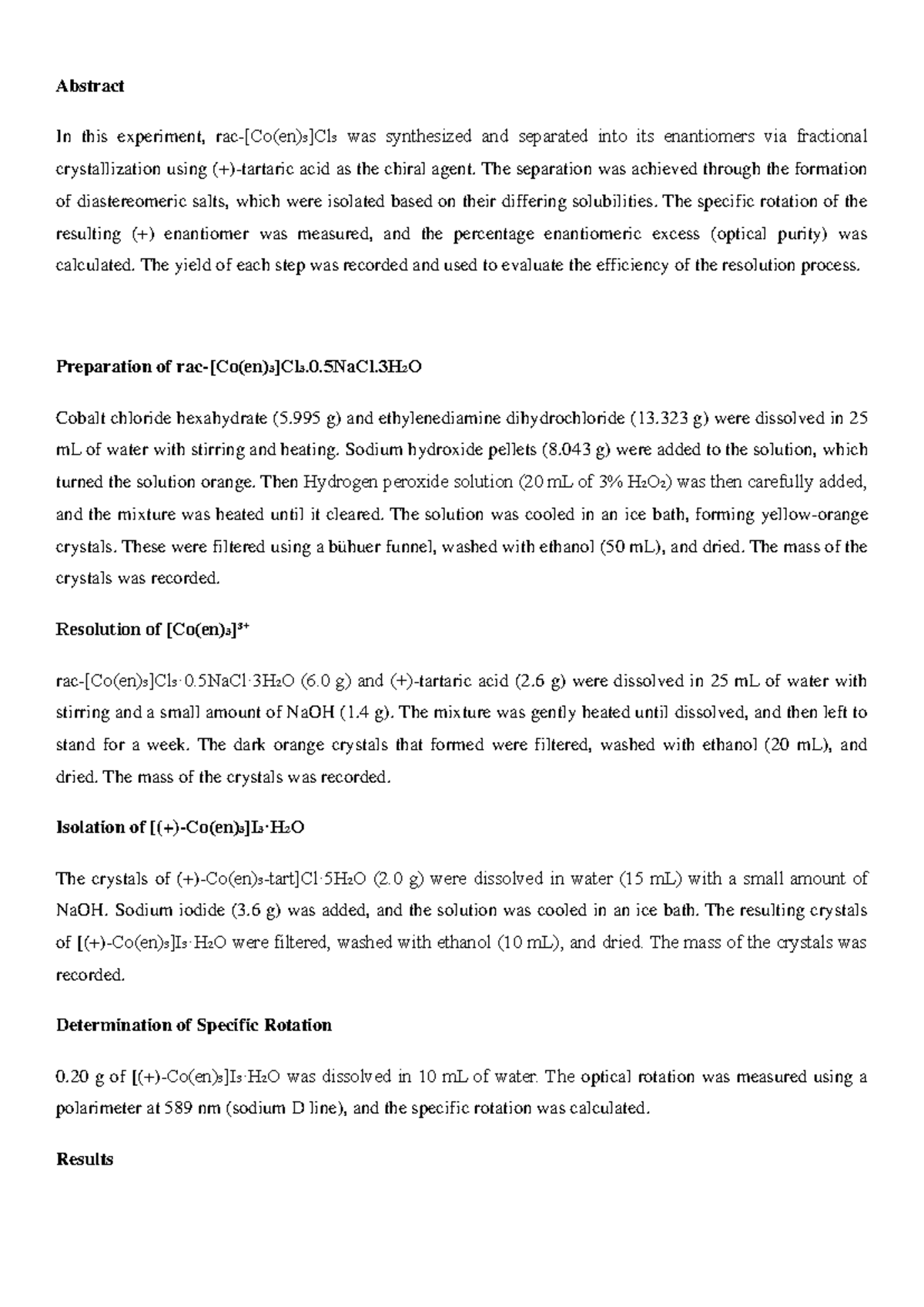 Chem 111 Final Exam: Resolution of Enantiomers Using Rac-[Co(en)₃]Cl₃ ...
