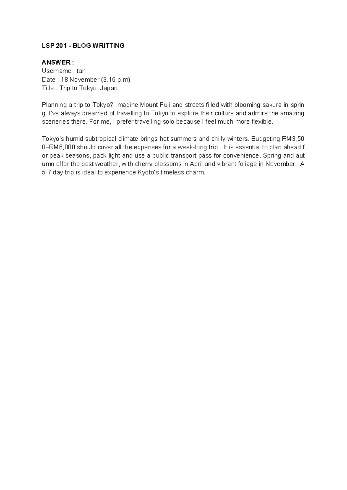 LSP 201 - Blog Writing: Planning Your Tokyo Adventure - Studocu