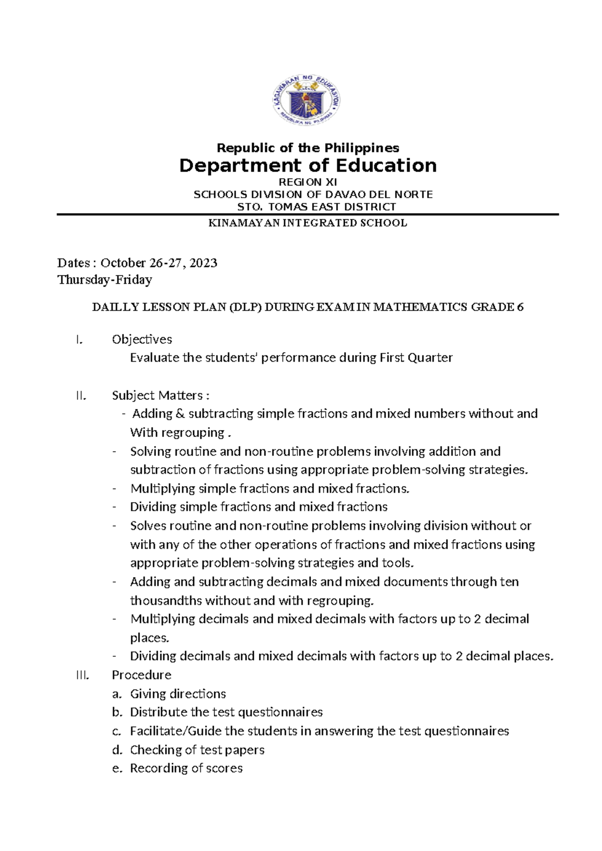 Daily Lesson Plan for Periodical Test: Math & ESP - 1st Quarter - Studocu