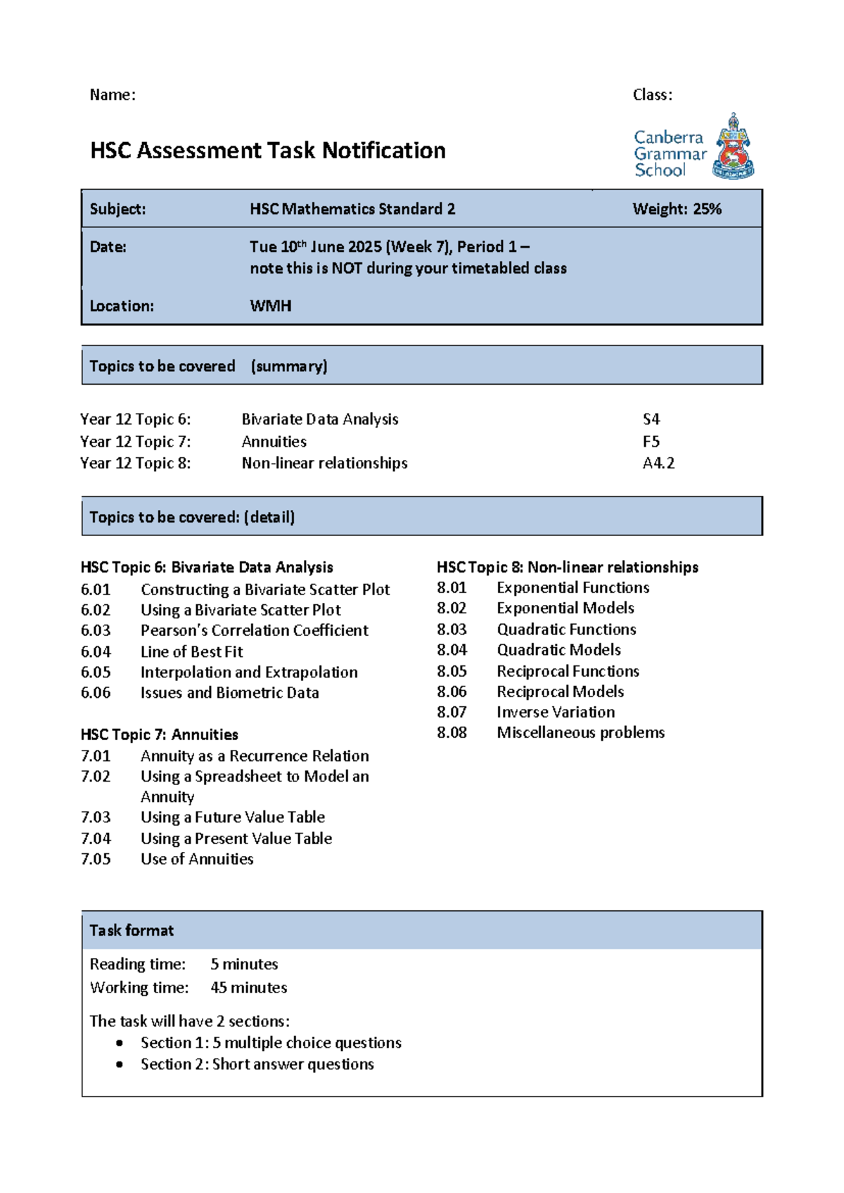 2025 HSC Mathematics Standard 2 Assessment Task 3 Notification - Studocu