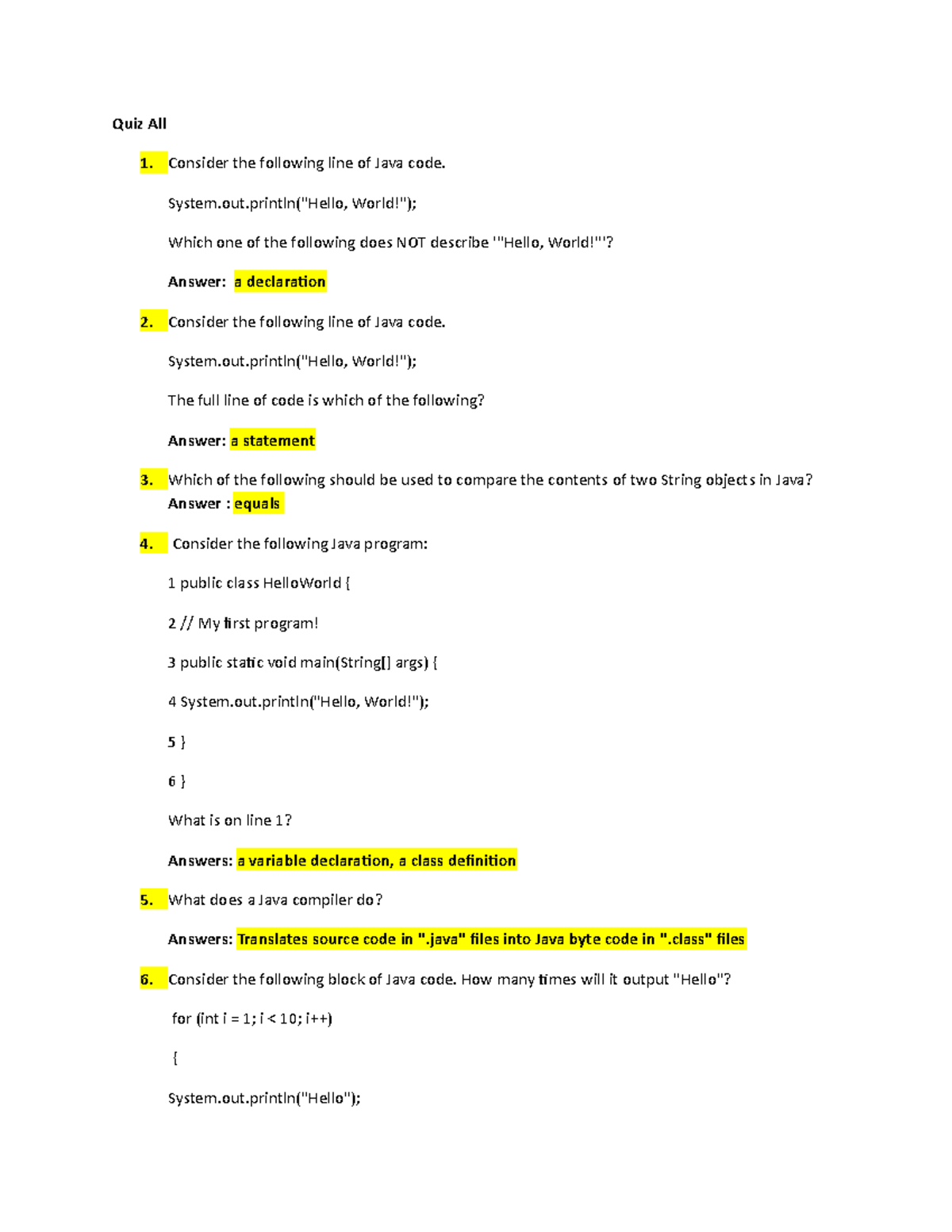 Quiz till Unit 3 Programming 1 CS 1102 - Quiz All 1. Consider the following line of Java code ...