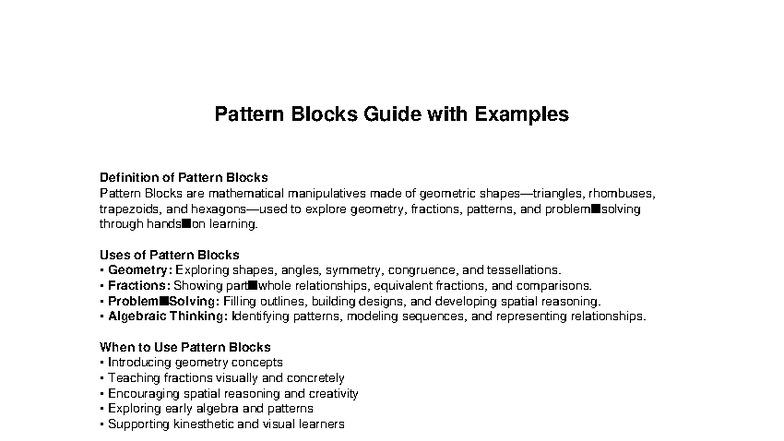 Pattern Blocks Guide: Geometry, Fractions & Activities - Studocu