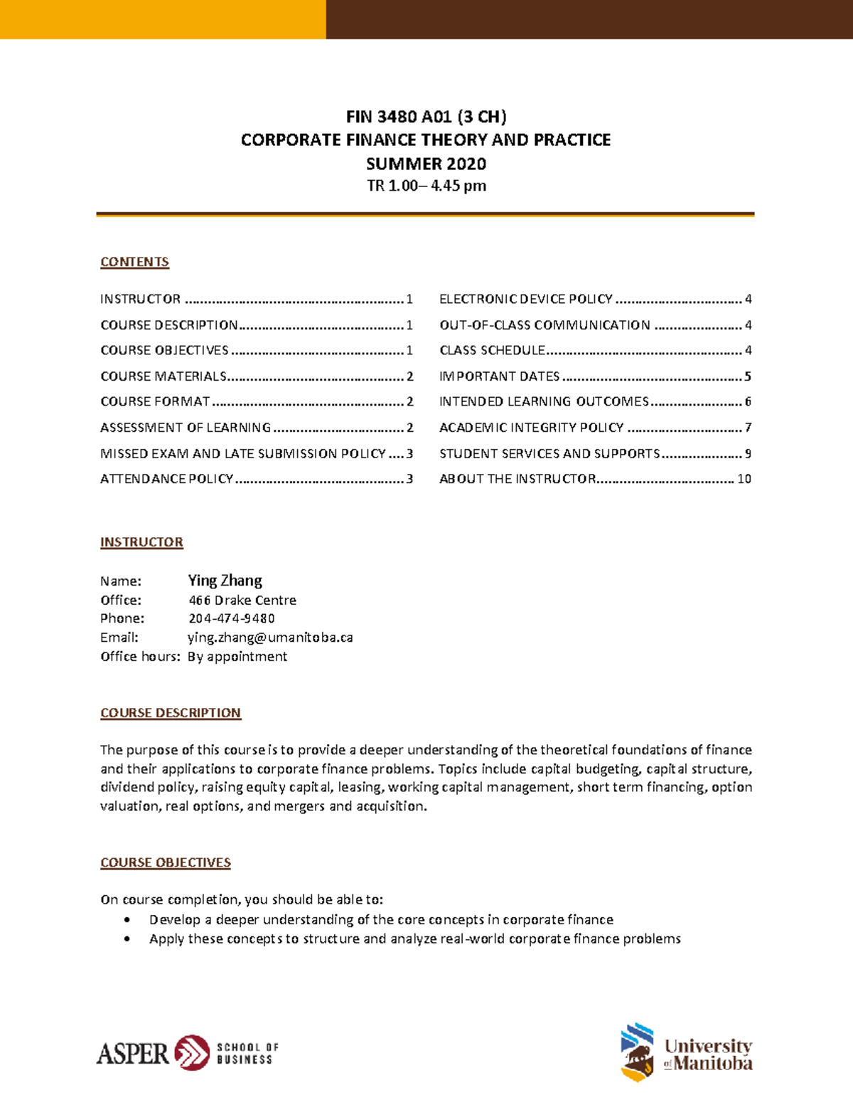 FIN3480 Summer 2020 Corporate Finance Course Outline - Studocu