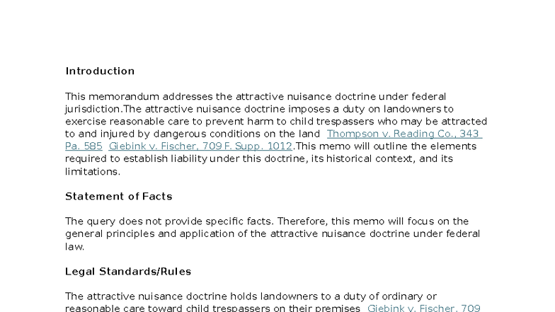 Legal Memo: Attractive Nuisance Doctrine Overview (Sample Brief) - Studocu