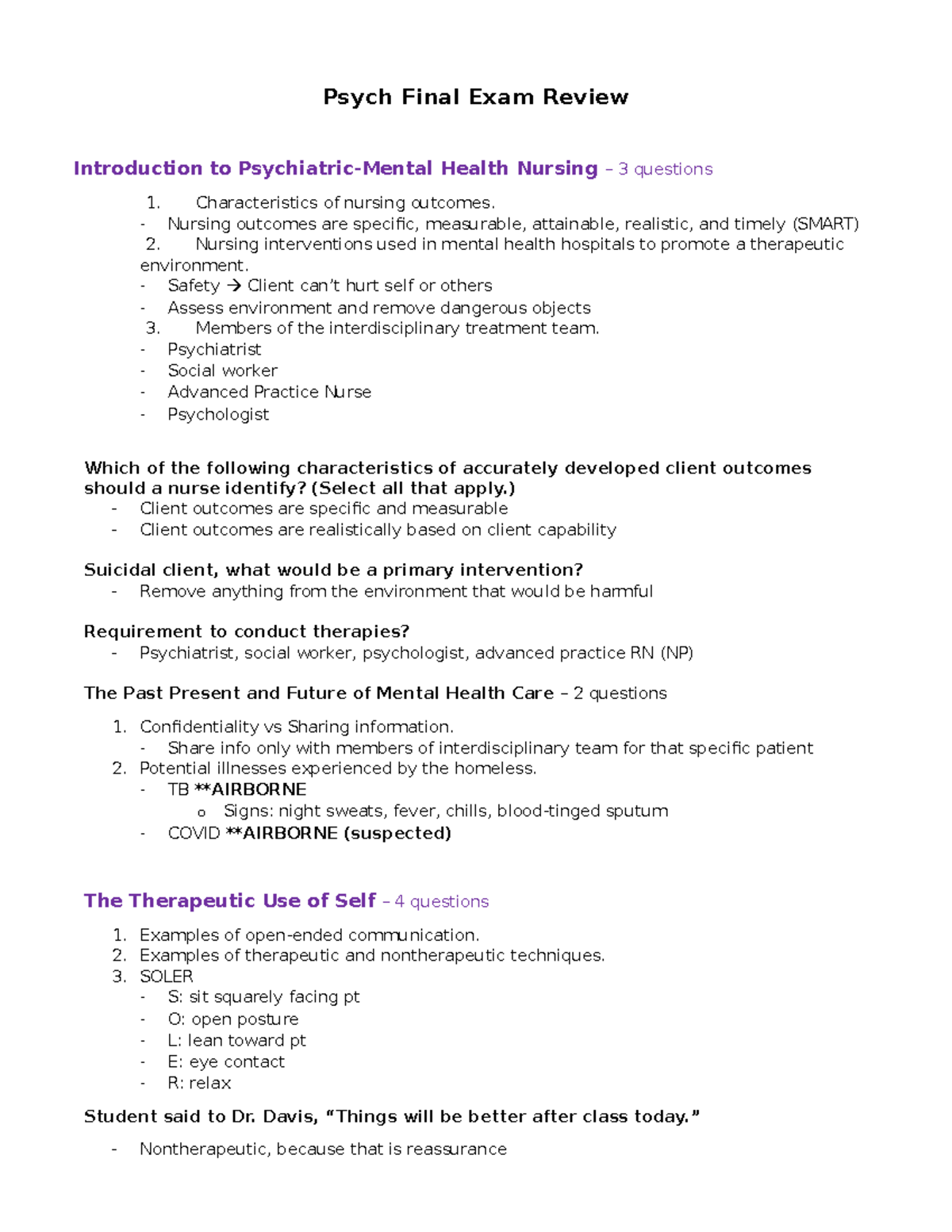 Psych 3 Final Exam Review: Key Concepts in Nursing Outcomes and Interventions - Studocu