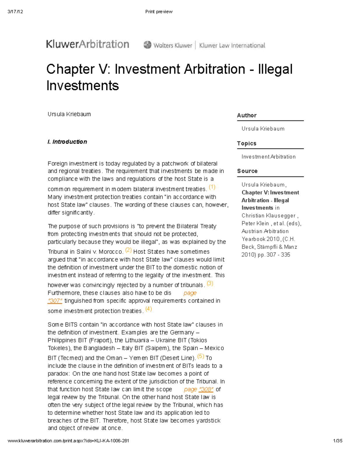 Kriebaum: Chapter V - Investment Arbitration & Illegal Investments (P ...