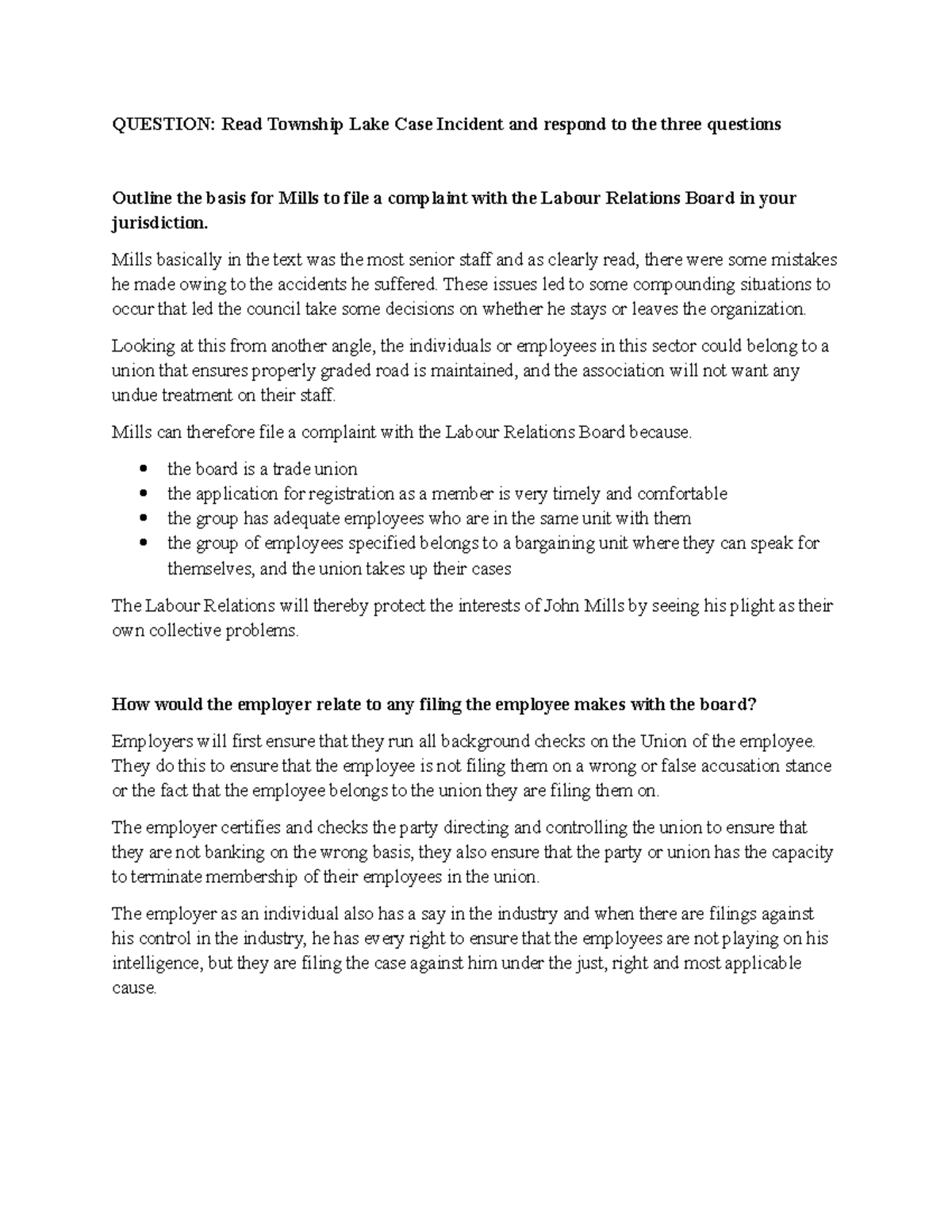 Labour Relations Board Assignment: Township Lake Case Analysis - Studocu