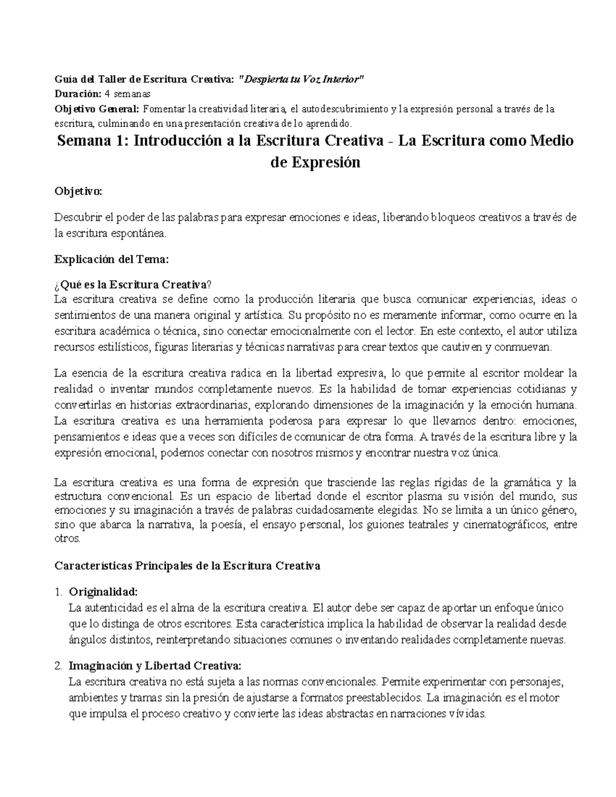 Guía del Taller de Escritura Creativa: Fomentando tu Voz - Studocu