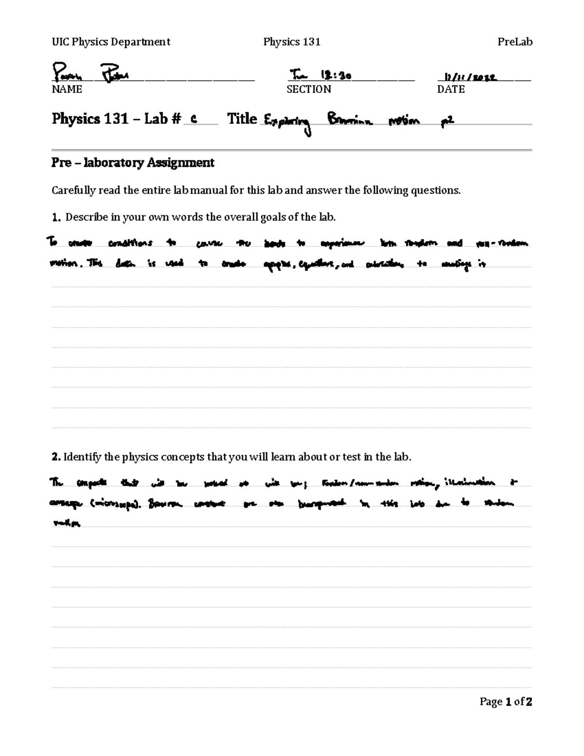 UIC Physics 131 Pre-Lab Report: Lab 6 - Exploring Brownian Motion - Studocu