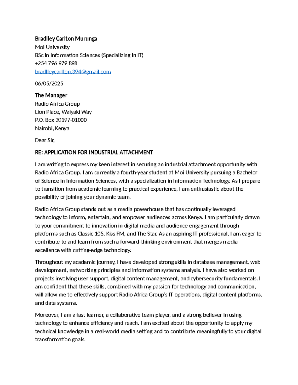 Application for Industrial Attachment - Moi University BSc IT - Studocu