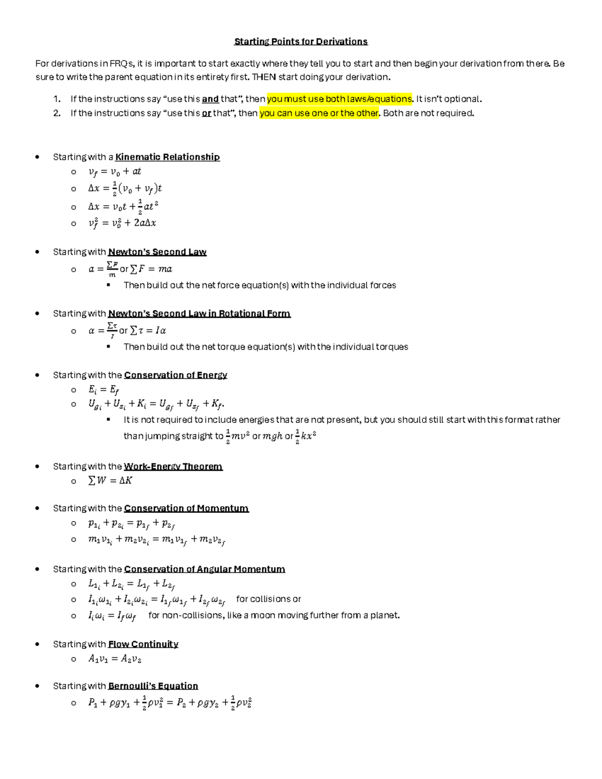 Starting Points for Derivations in Physics (PHYS 101) - Studocu