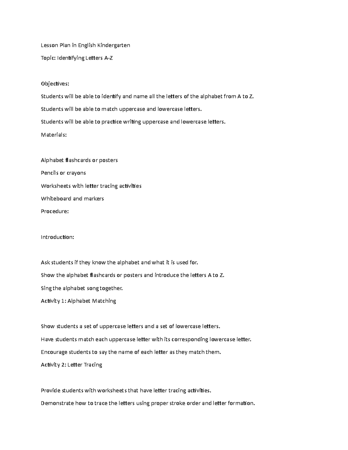 Lesson Plan For Kindergarten English Alphabet Infoupdate Org
