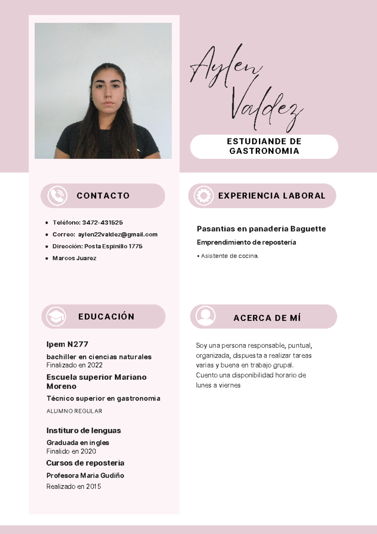 Aylen - 45454545 - CONTACTO EDUCACIÓN Valdez ACERCA DE MÍ Aylen Escuela ...
