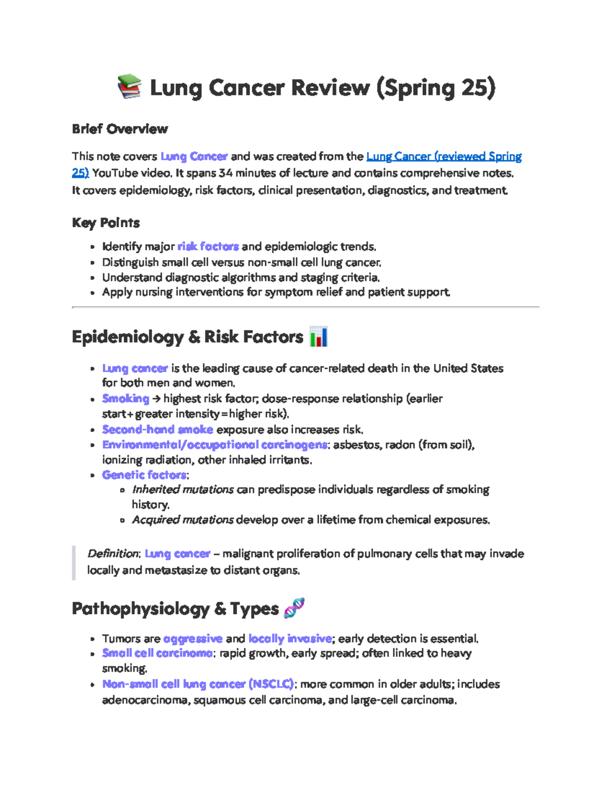 Lung Cancer Overview & Nursing Management (NURS 101 - Spring 25) - Studocu