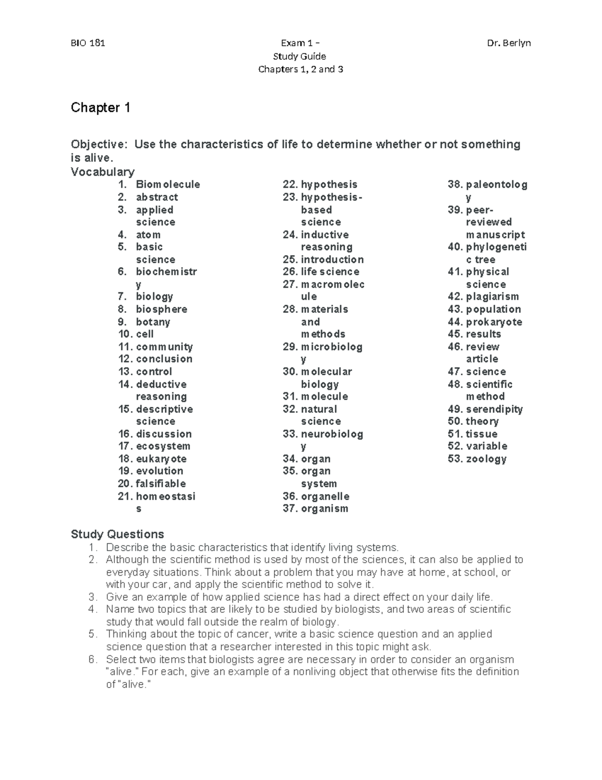 BIO 181 Exam 1 Study Guide: Key Concepts from Chapters 1-3 - Studocu