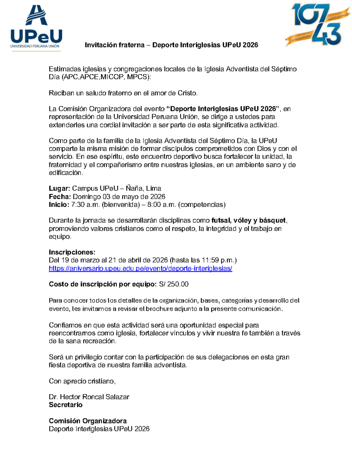 Invitación Fraterna al Deporte Interiglesias UPeU 2026 - Studocu