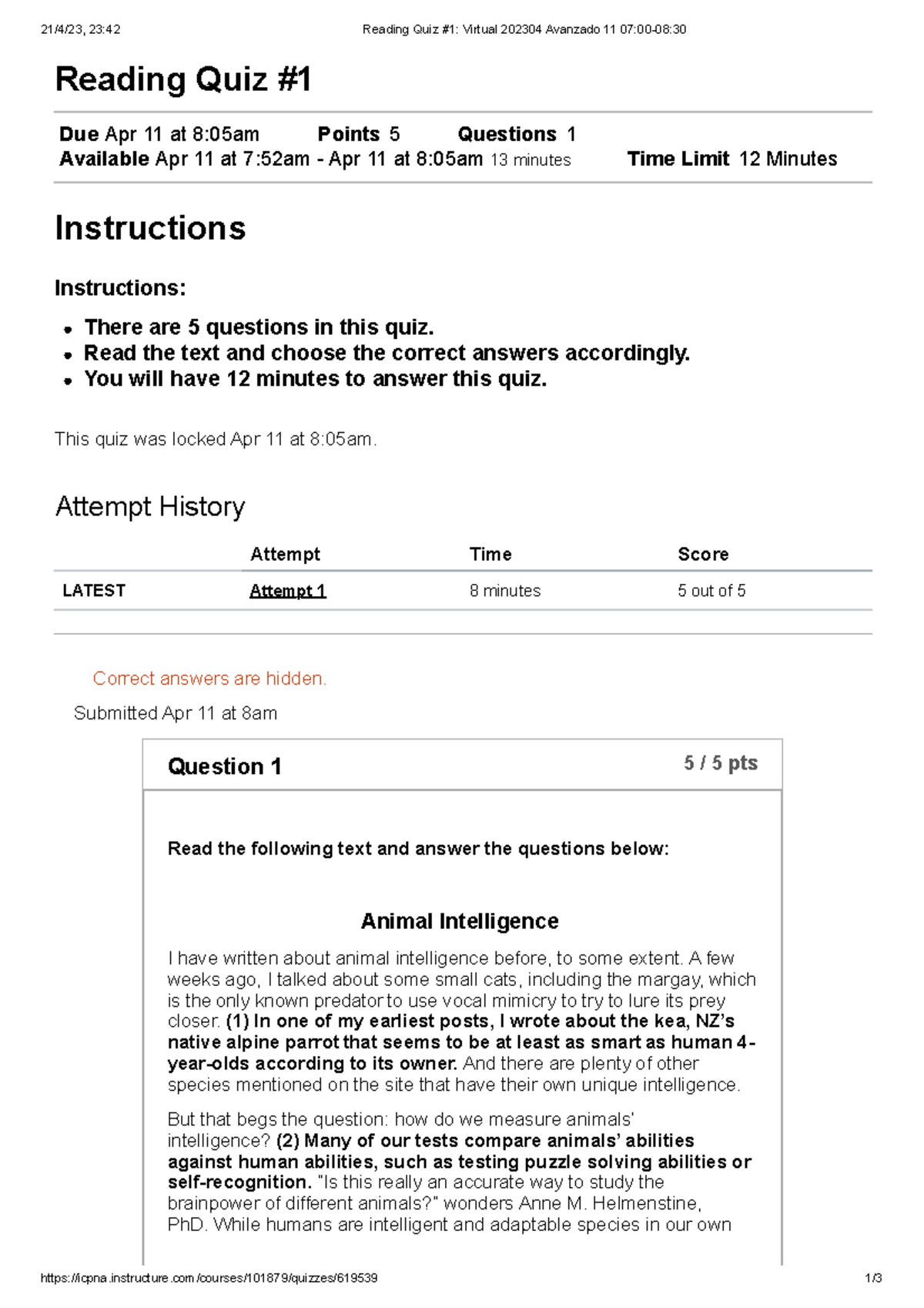 Reading Quiz #1: Virtual 202304 Avanzado 11 - Animal Intelligence - Studocu