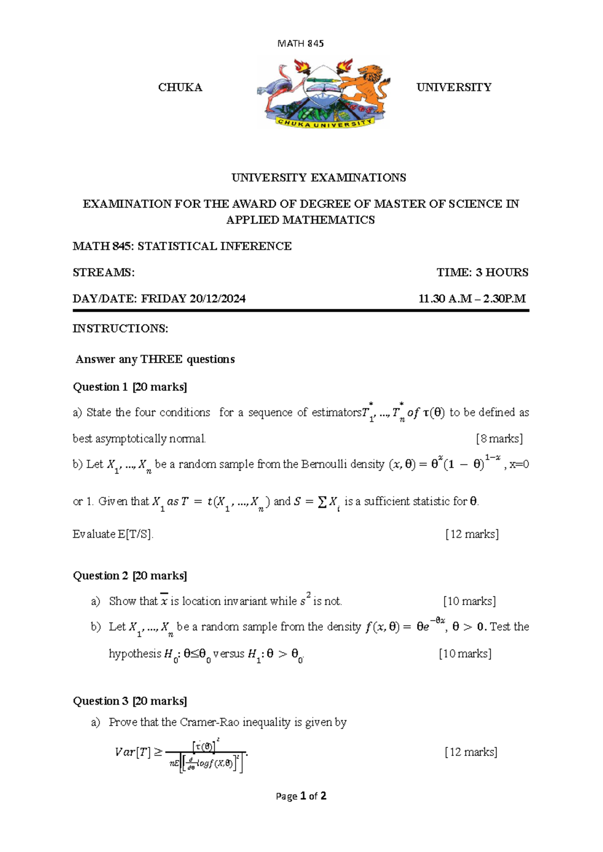 MATH 845 - Statistical Inference Exam Questions and Guidelines - Studocu