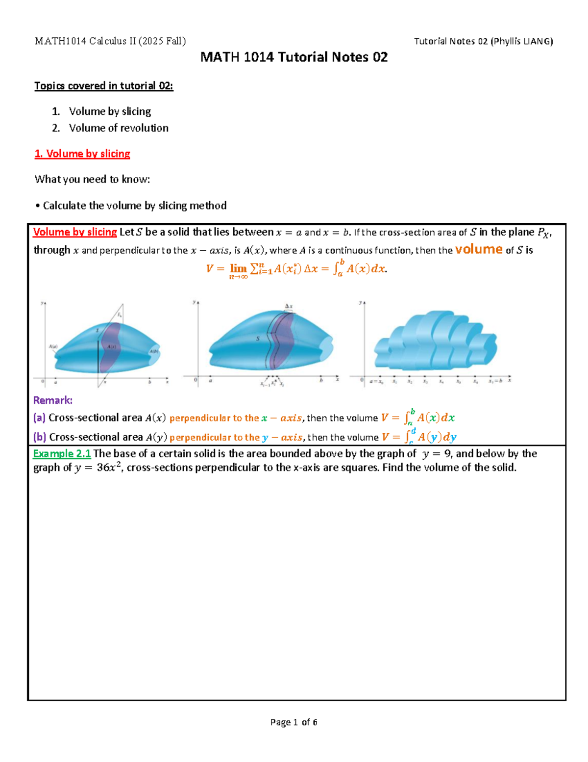 Math1014 Calculus Ii 2025 Fall Tutorial Notes 02 Volume Methods