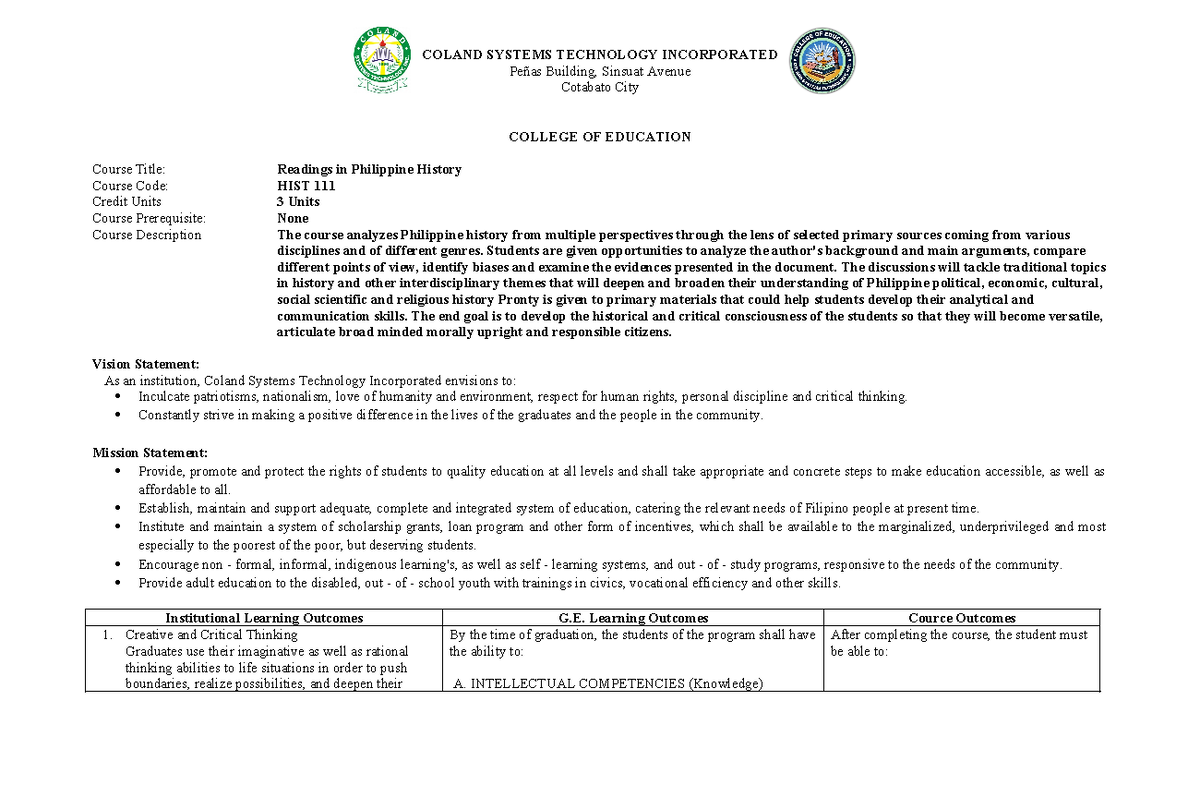 Readings in Philippine History (HIST 111) CHED Final Syllabus - Studocu