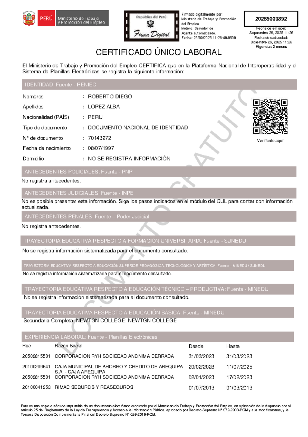 Certificado Único Laboral - CUL 20255009892 (Vigencia: 3 meses) - Studocu