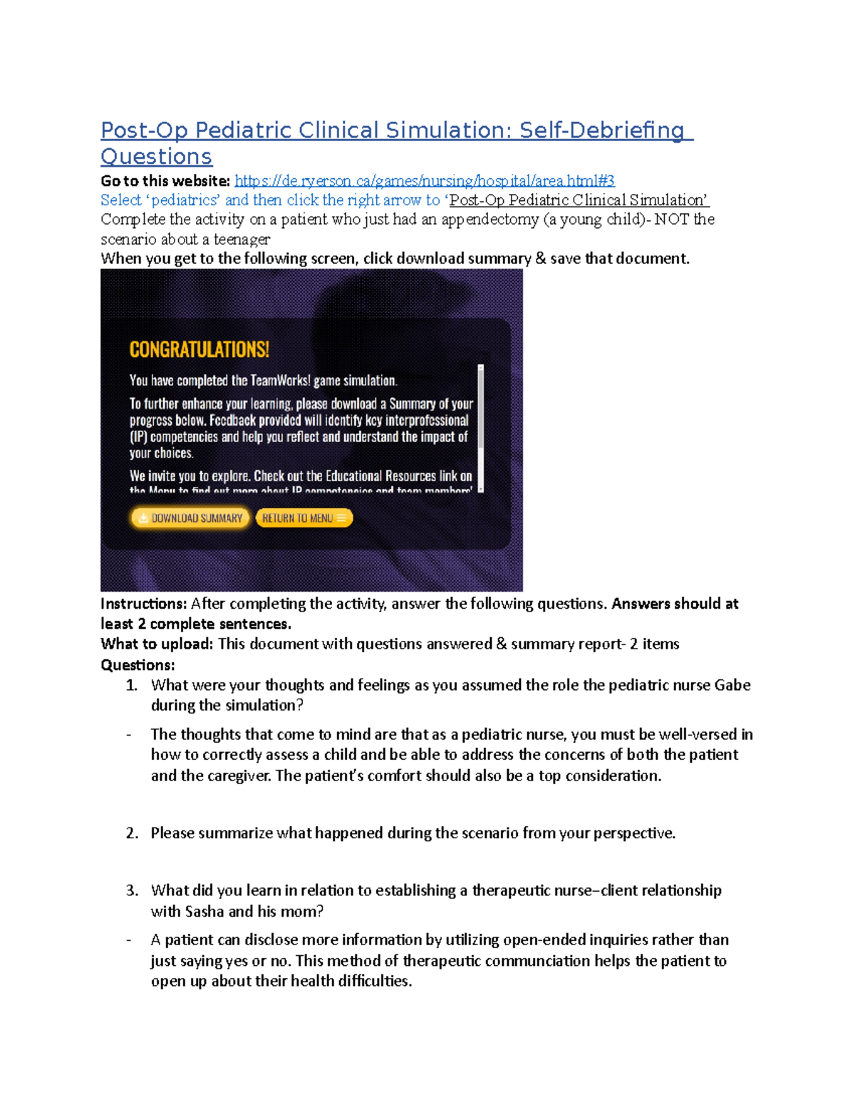 Post-Op Appendectomy Pediatric Simulation Activity Reflection - Studocu