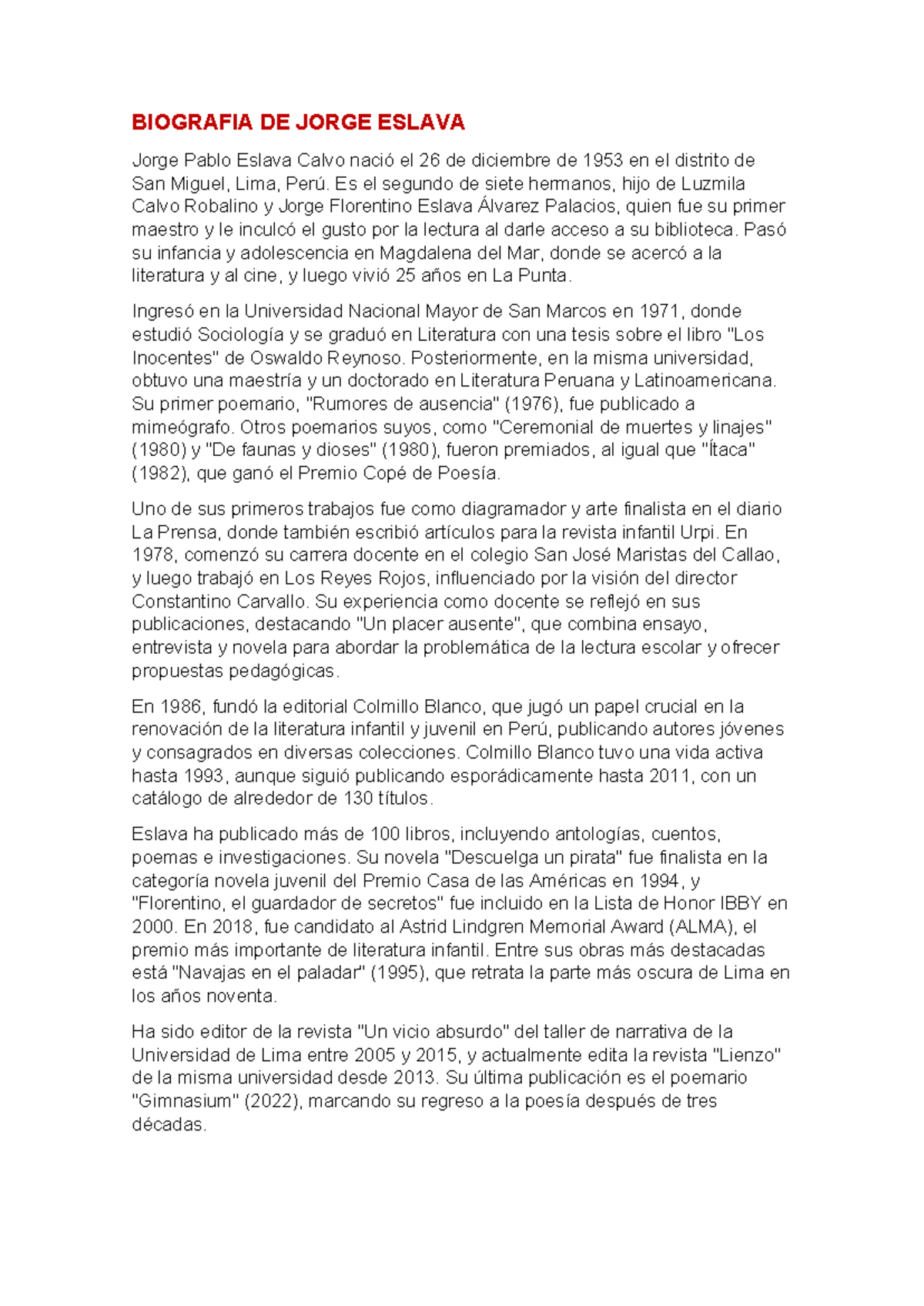 Biografía de Jorge Eslava: Vida y Obras del Escritor Peruano - Studocu