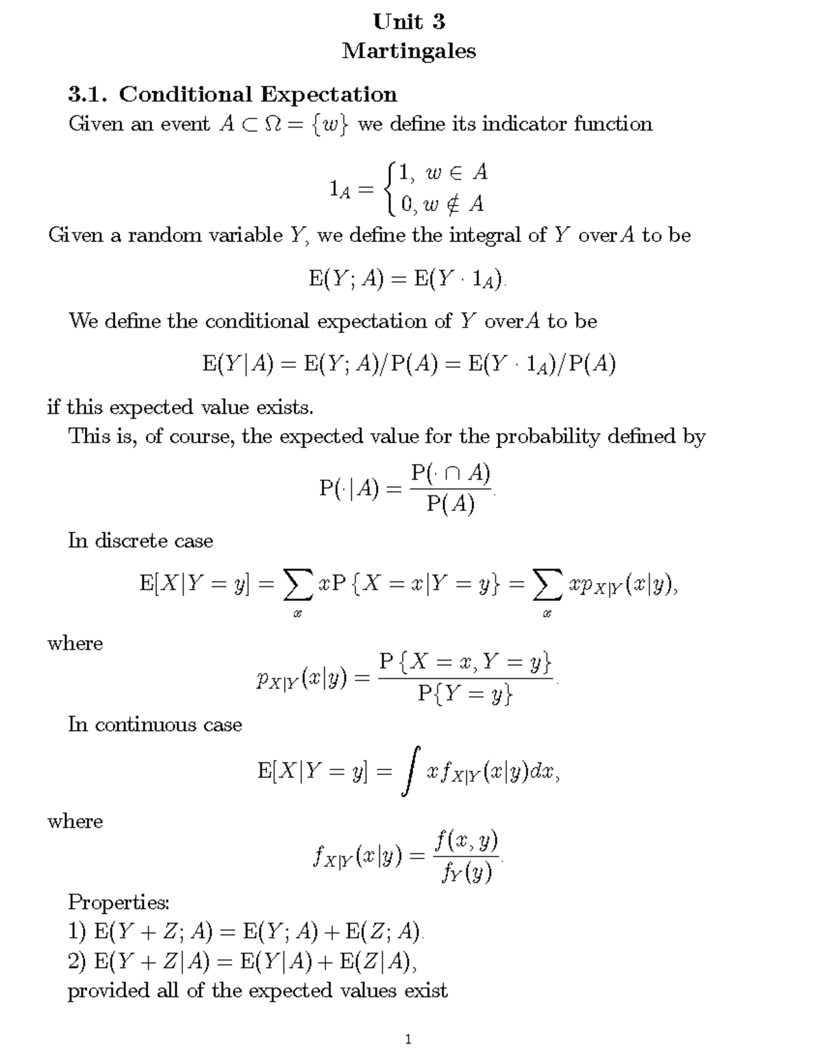 Unit 3 - Martingales - Unit 3 Martingales 3. Conditional Expectation Given an event A = fwg we ...