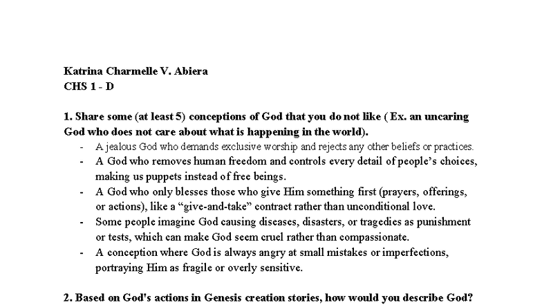 Conceptions of God: A Critical Reflection - CHS 1 Assignment - Studocu