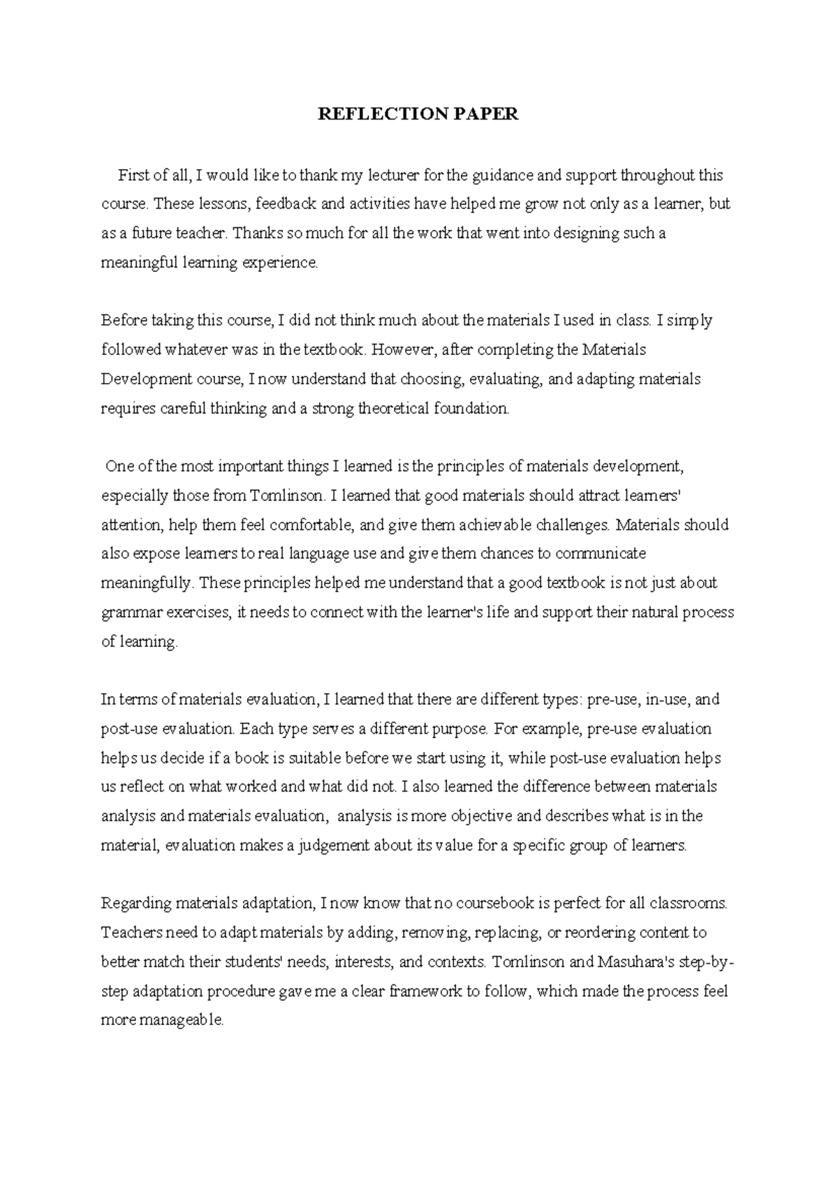 MDLT 2520NVA101.1L03 Reflection Paper on Materials Development - Studocu