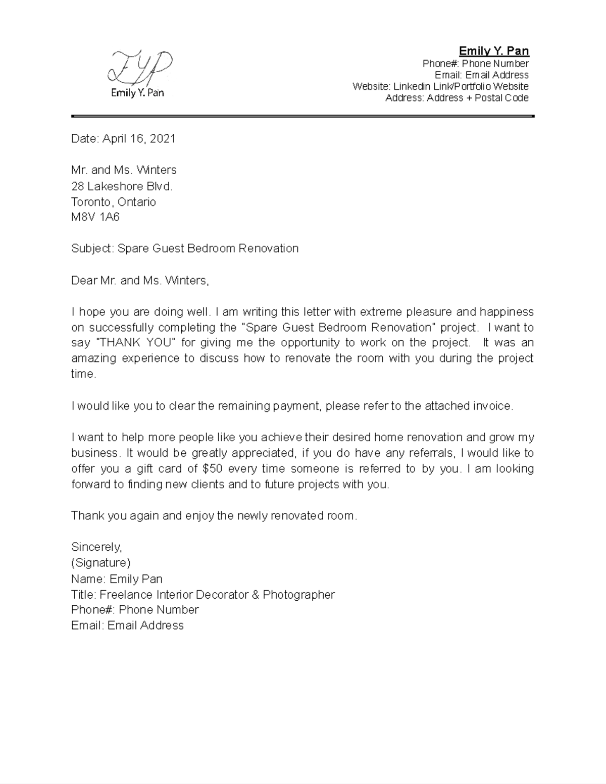 Assignment 2 - Example of follow up/closing letter, purchase order ...