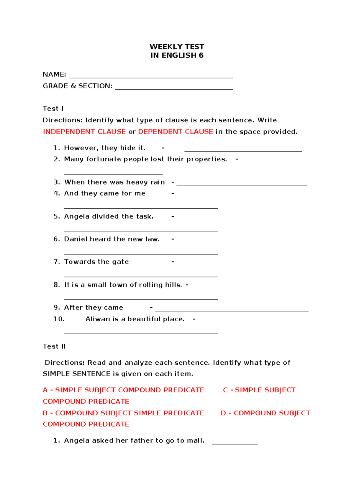 English 6 Weekly Test: Types of Sentences and Clauses Analysis - Studocu