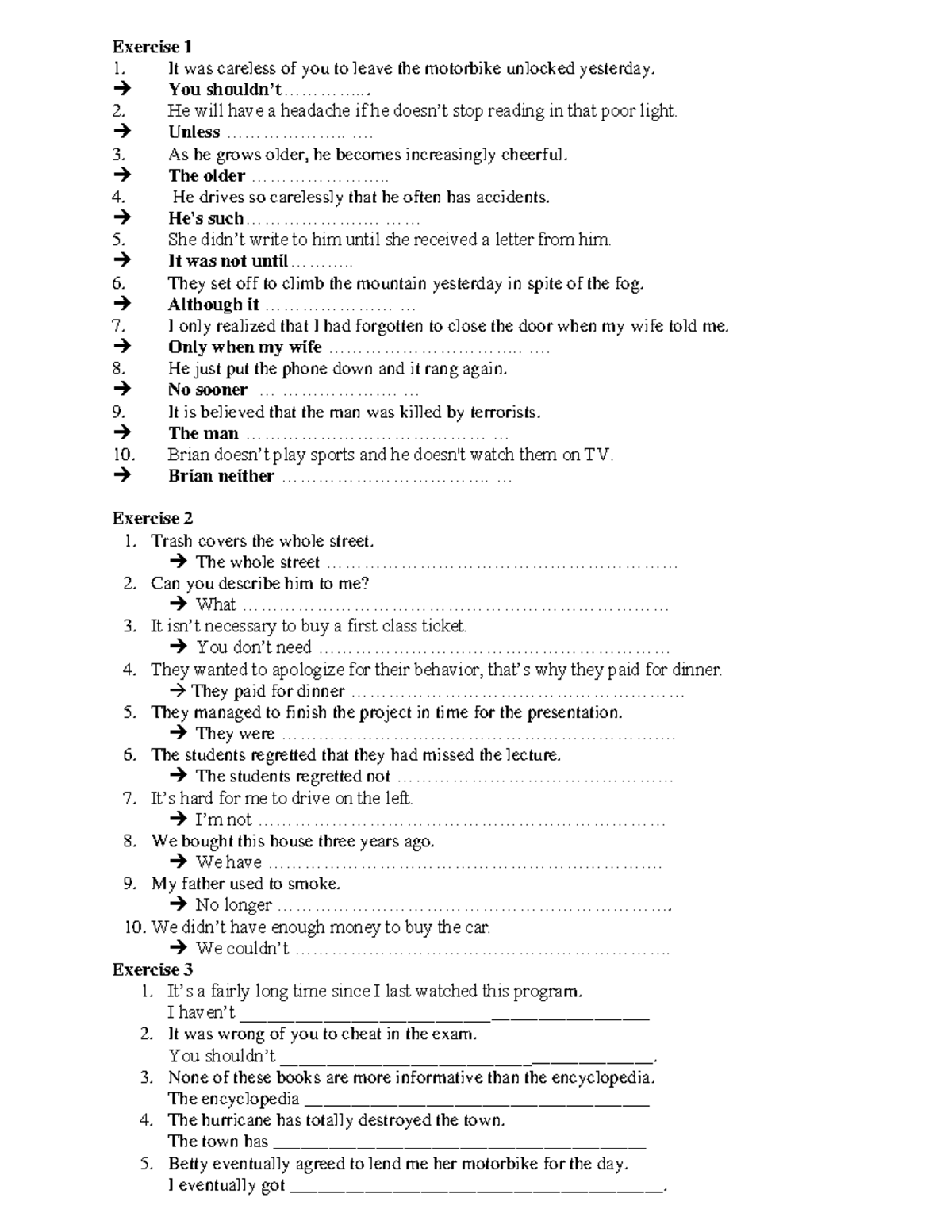 Sentence Transformation Exercise 1-3 - Studocu