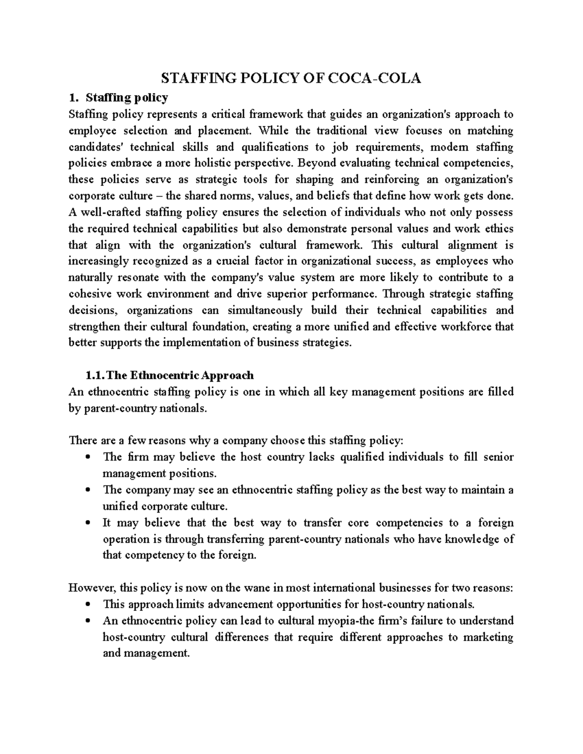 IB - Staffing Policies in Coca-Cola: Ethnocentric, Polycentric ...