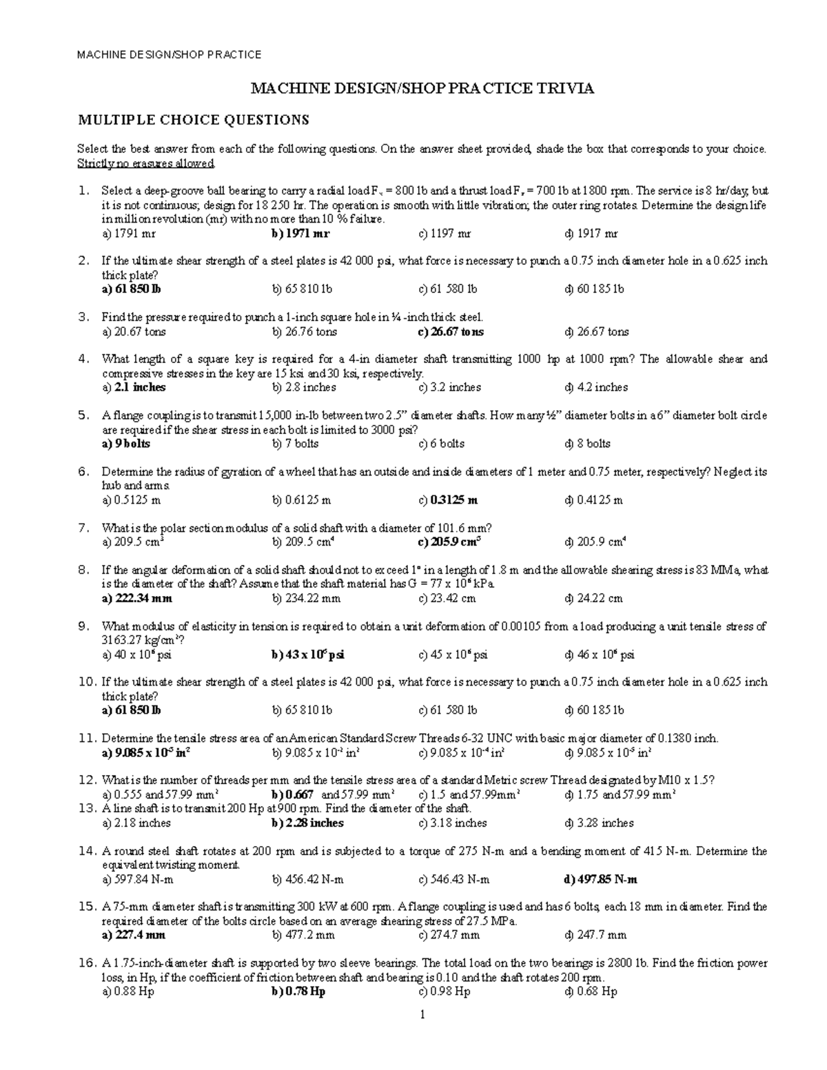 MDSP 150 Essential MCQs & Answers for Machine Design Study - Studocu