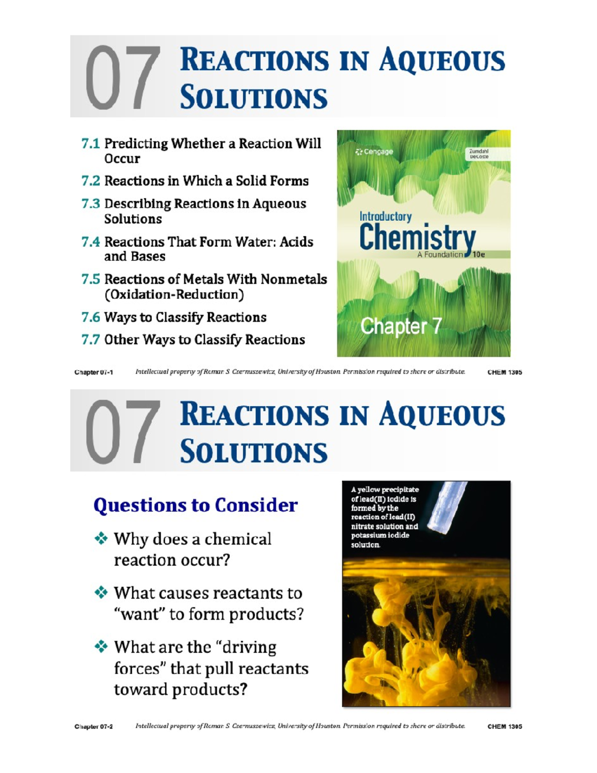 CHEM 1305 Chapter 7: Reactions in Aqueous Solutions - Studocu